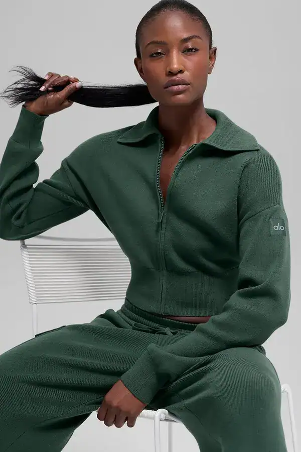 Alo Yoga Scholar Knit Cropped Full Zip Jacket - Clover Green